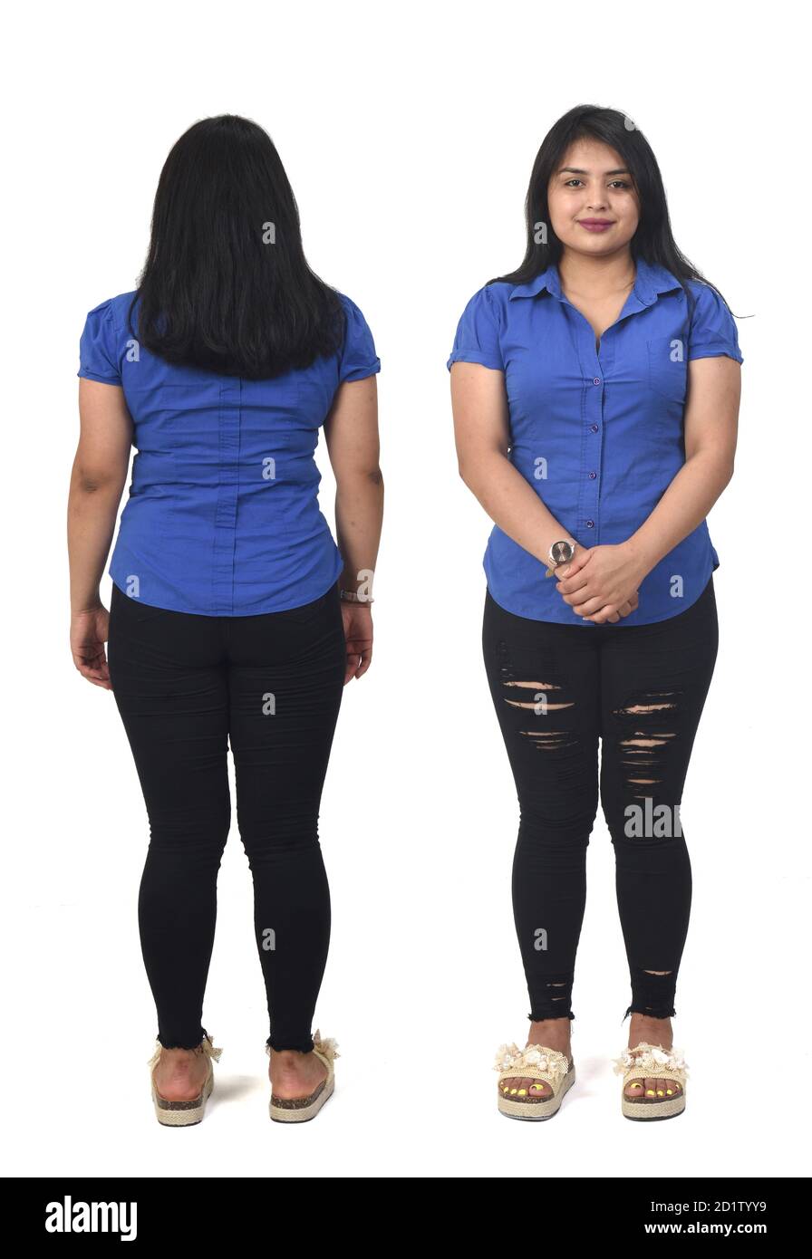 back and front view of same woman on white background Stock Photo - Alamy