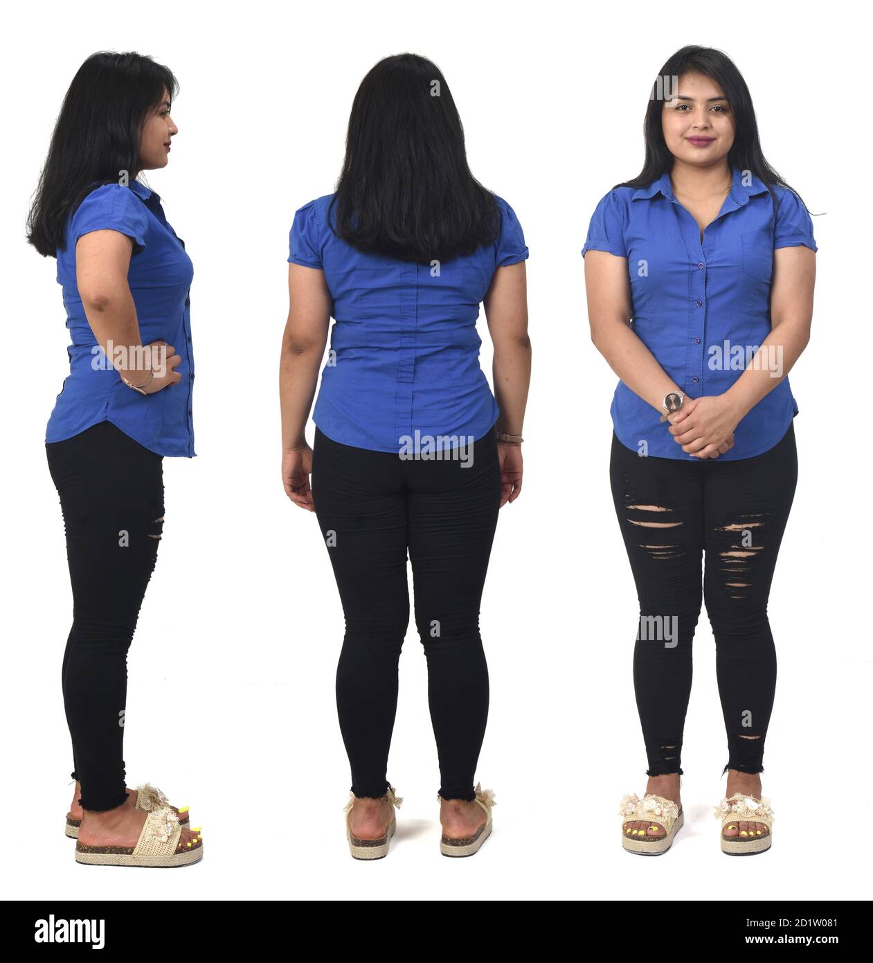back,front and side view of same woman on white background Stock Photo ...