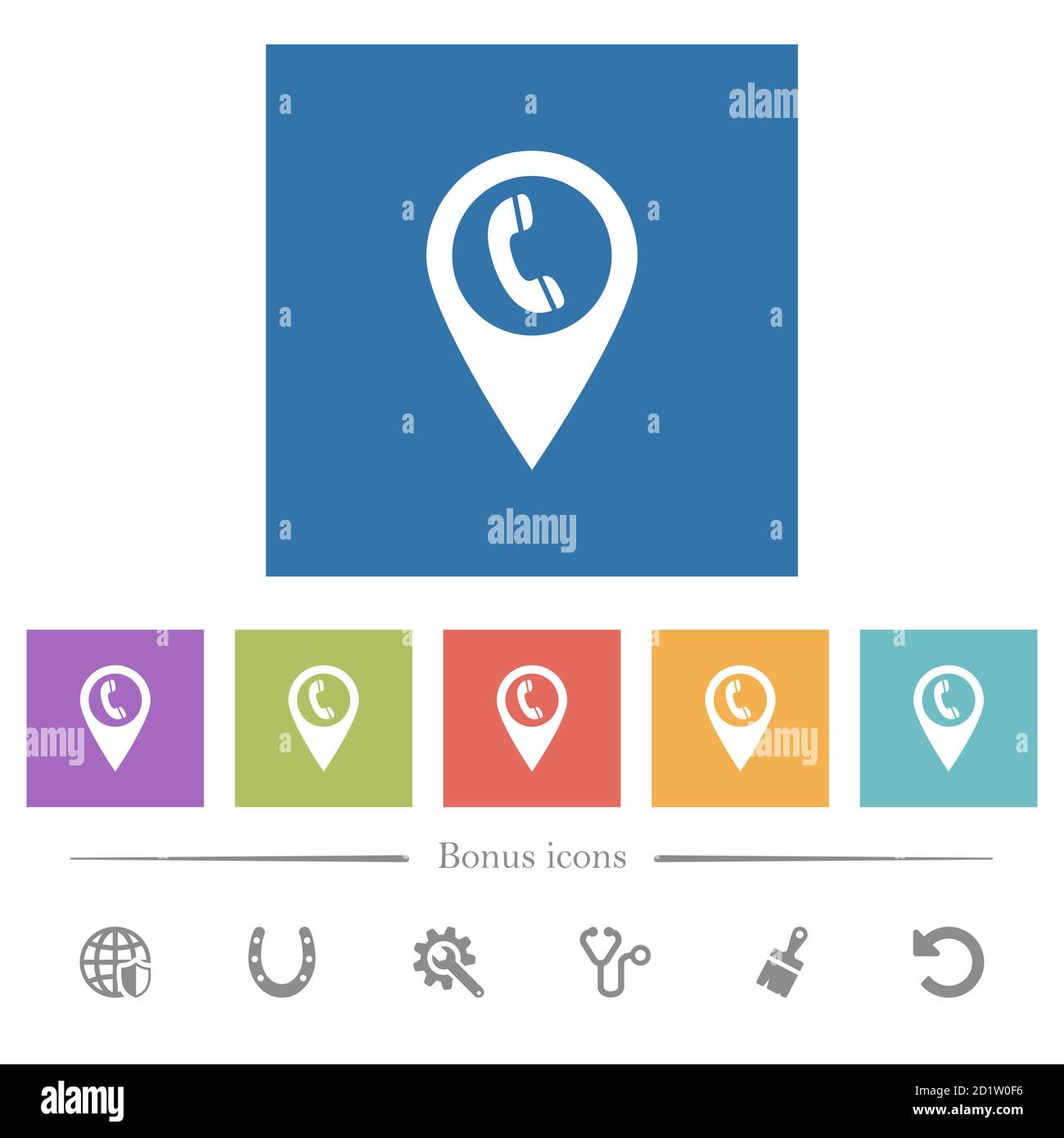 Call box GPS map location flat white icons in square backgrounds. 6 ...