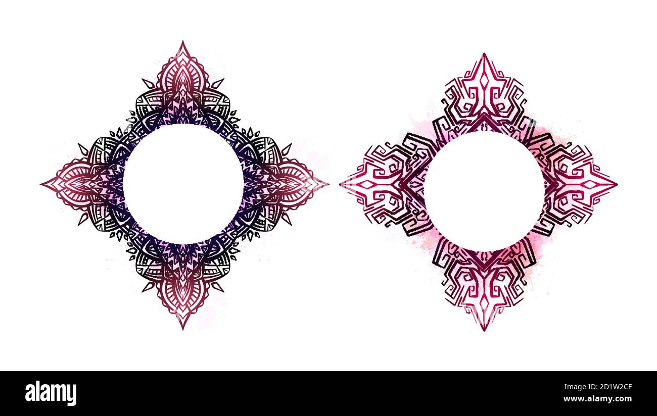 Set of round frames with boho pattern and watercolor blots. The object ...