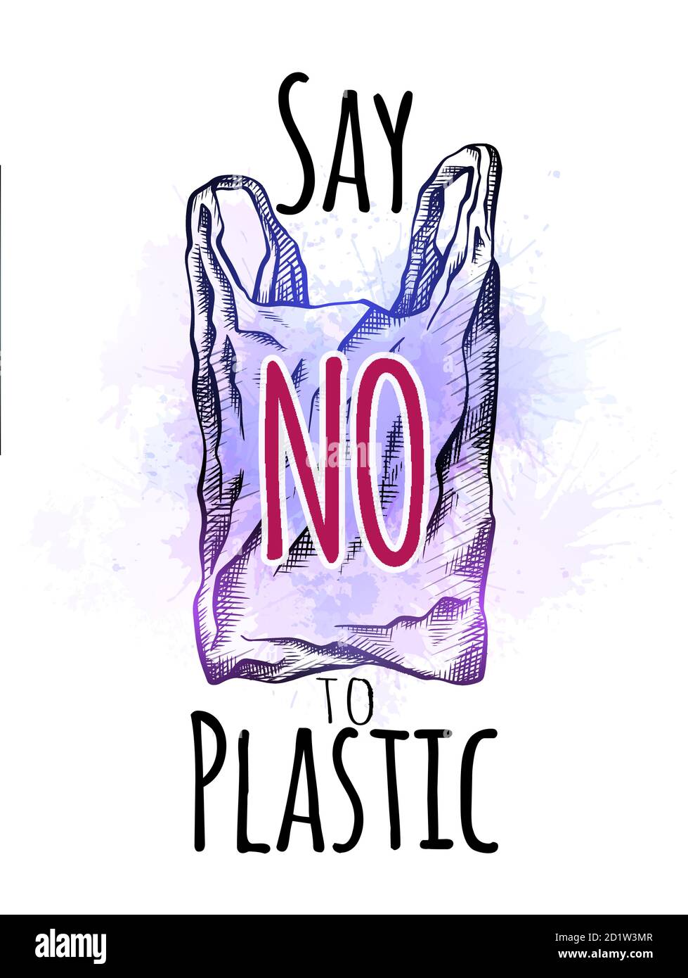Say no to plastic. Line drawing of a plastic bag with hatching and ...