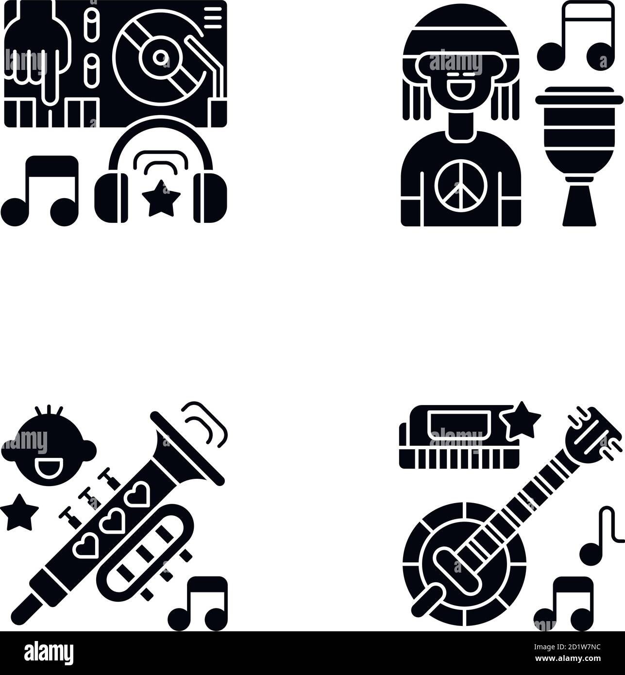 Modern music genres variety black glyph icons set on white space Stock ...