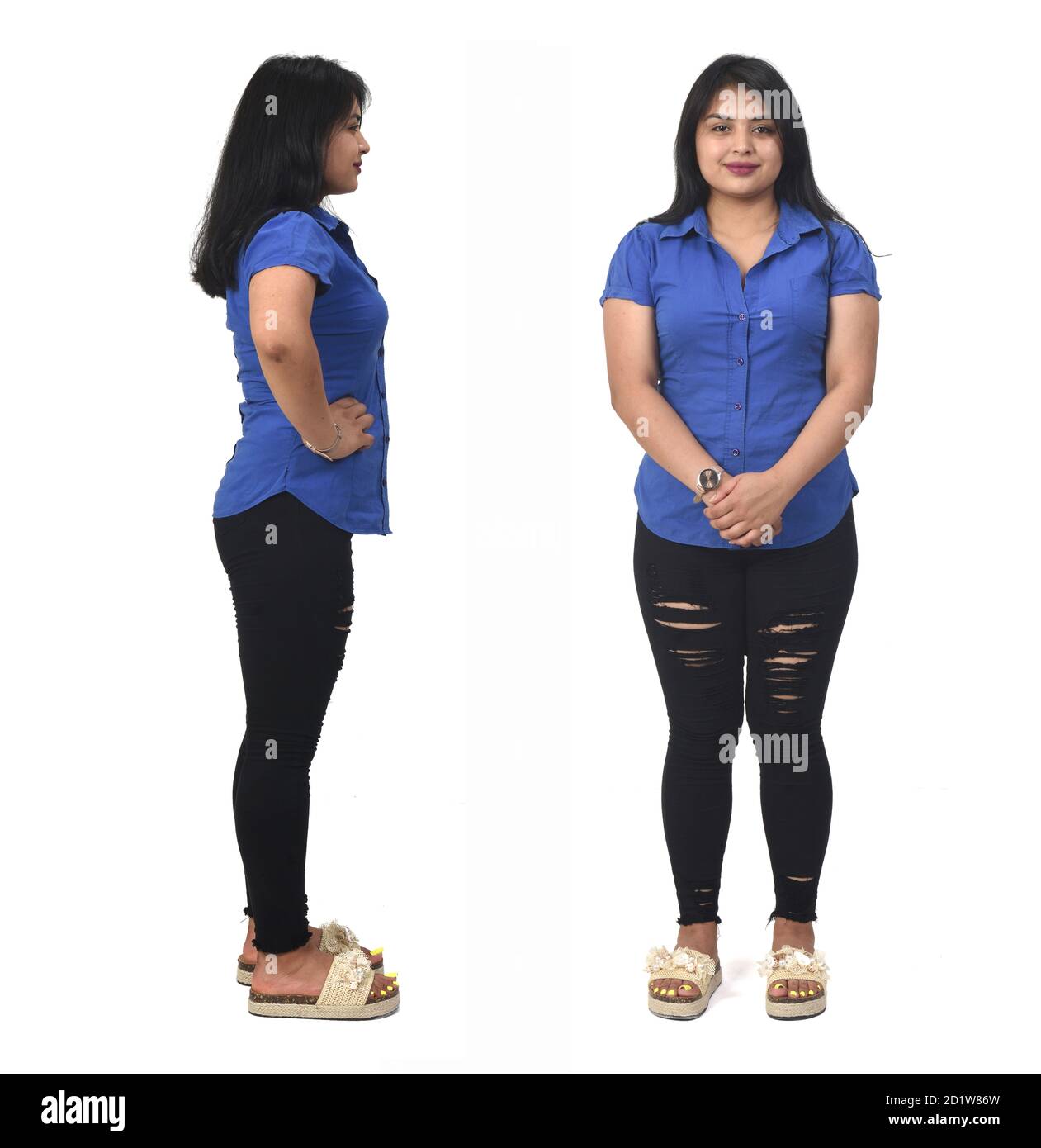 front and side view of same woman on white background Stock Photo - Alamy