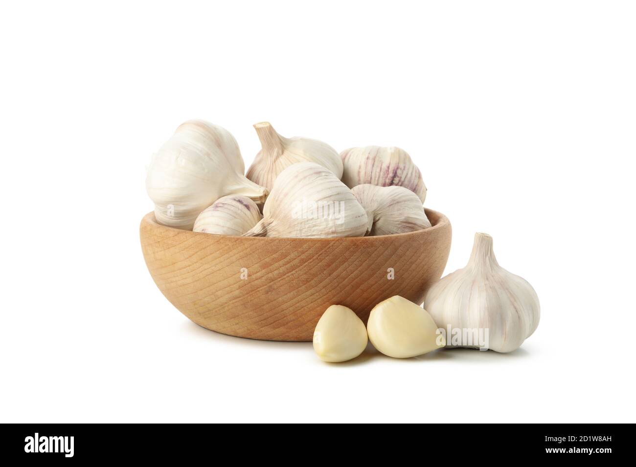 Wooden bowl with garlic isolated on white background Stock Photo - Alamy