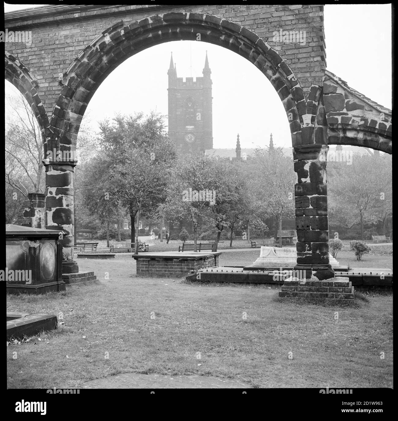 St Peter's Church seen through the re-erected stone arches of the ...