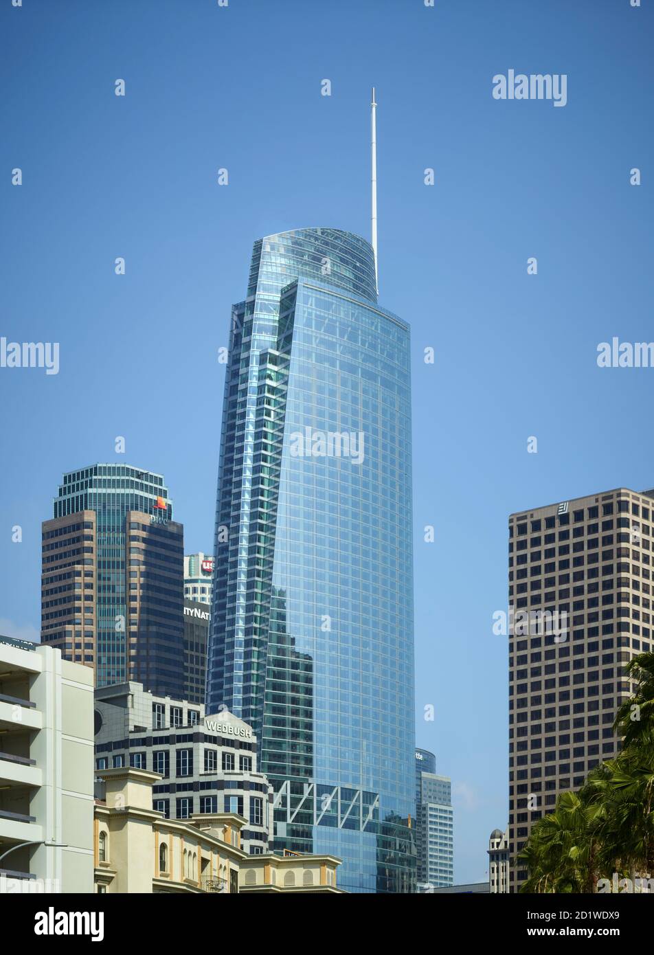 Glass facade of the Wilshire Grand Center, a 1,100 feet, 73-story ...