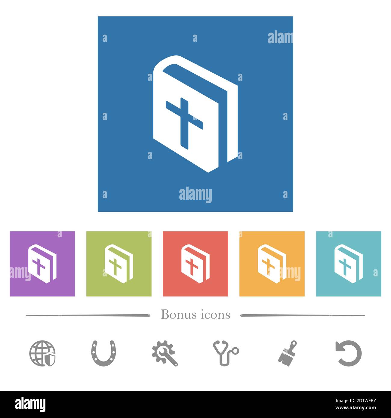 Holy bible flat white icons in square backgrounds. 6 bonus icons ...
