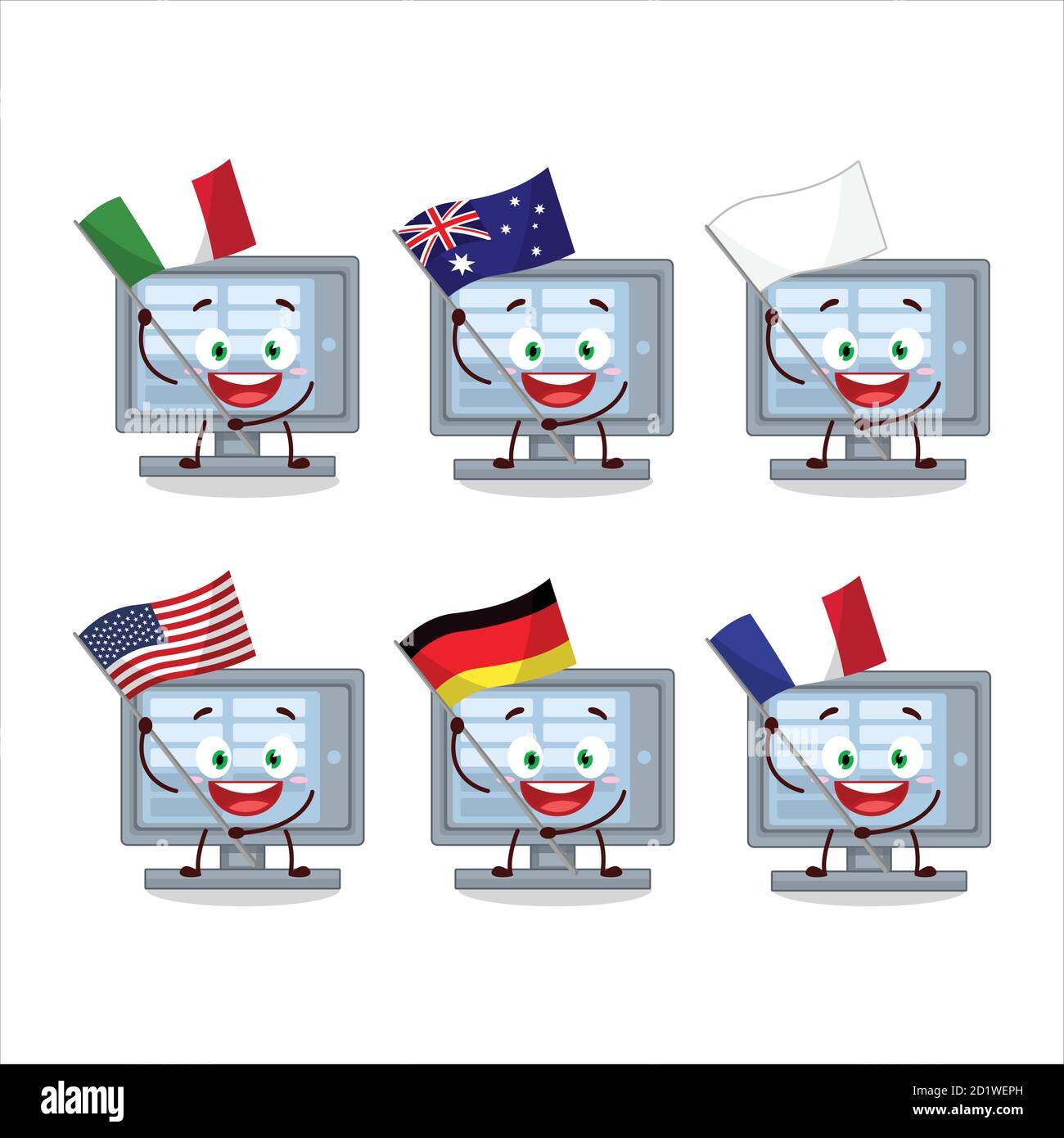 Among us monitor cartoon character bring the flags of various countries ...
