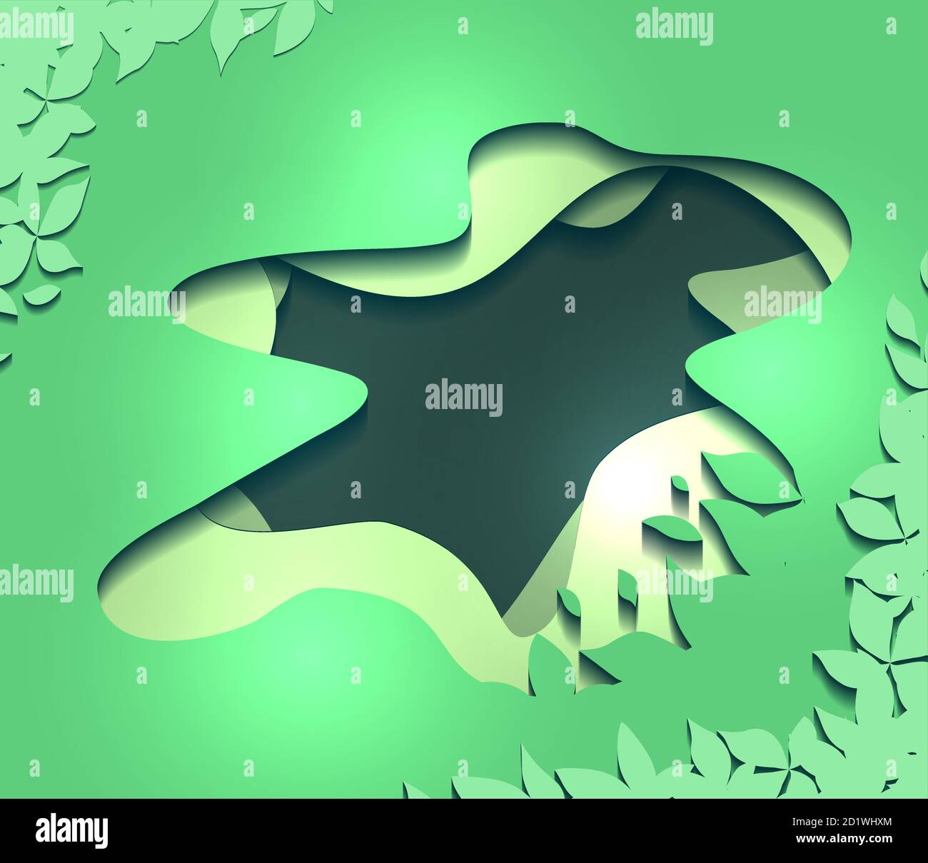 Green illustration of 3d abstract waves and tree leaves cut out from ...