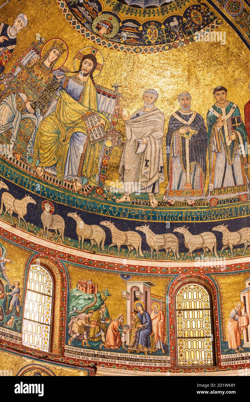 Interior detail of the 12th century apse mosaic in the church of Santa Maria, Trastevere, Rome ...