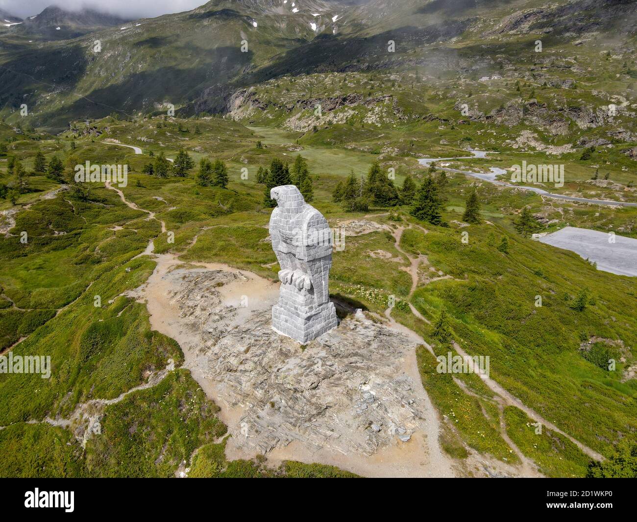 The eagle statue on the Simplon pass in the alps between Switzerland ...