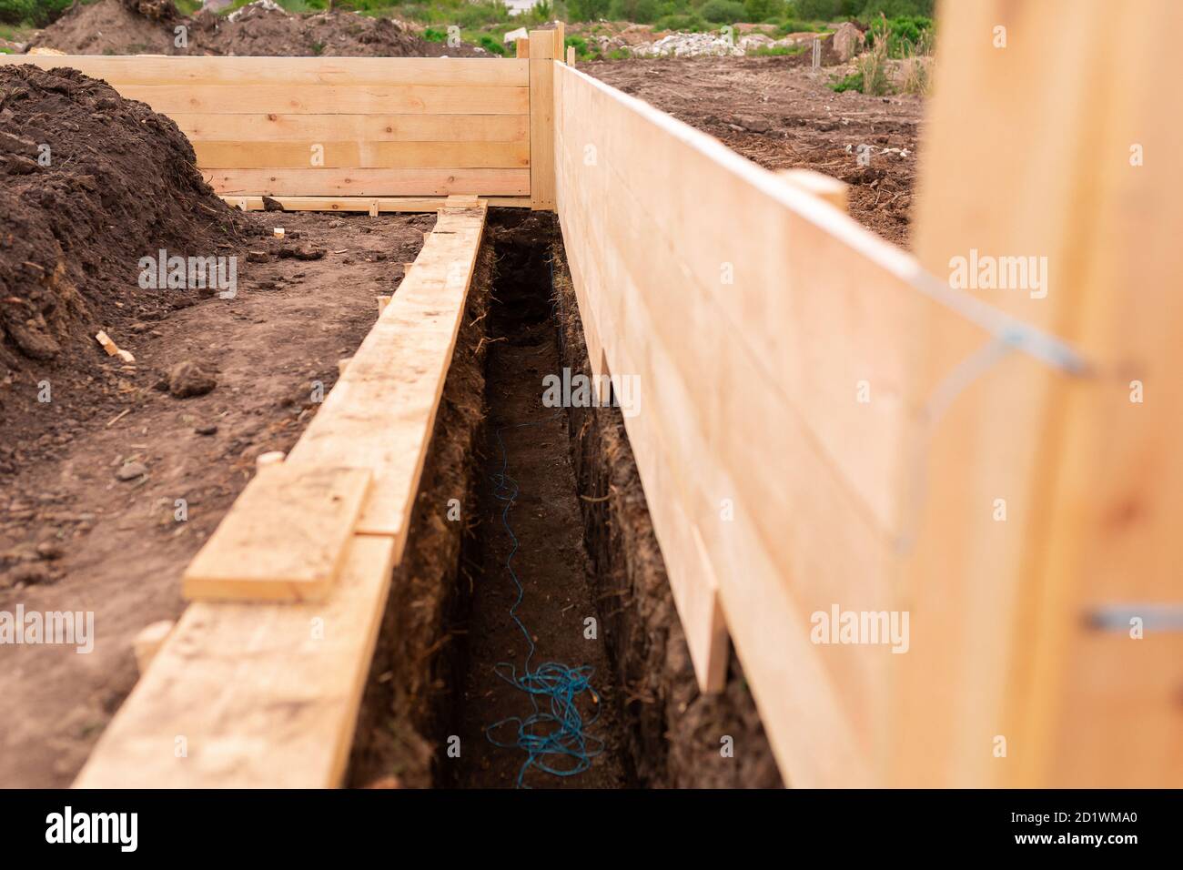 Wooden formwork for creating strip foundation for new house basis ...