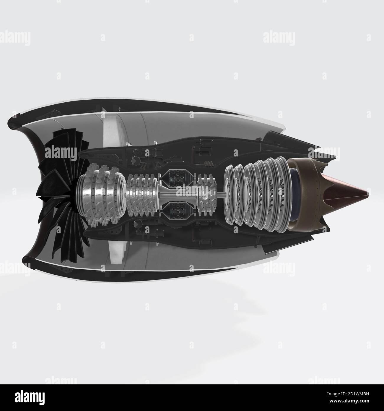 3D rendering of a cross-section of a jet engine isolated on white ...