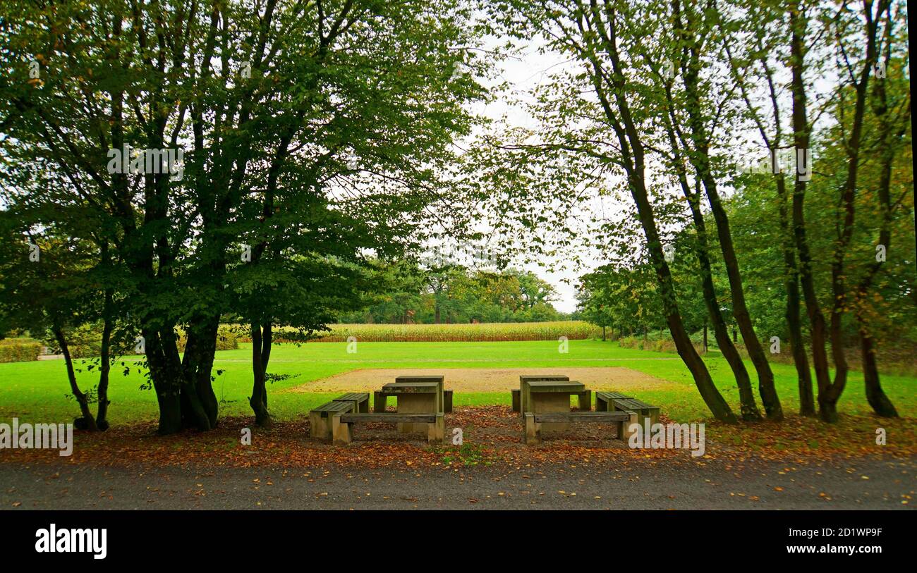 Lovely geometric seating. Square setup. A picnic area. Grass behind ...