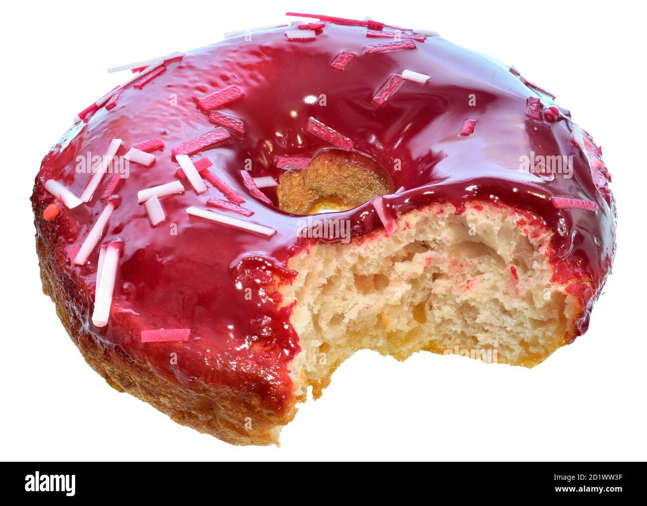 Bitten cherry donut covered with red glaze isolated on a white ...
