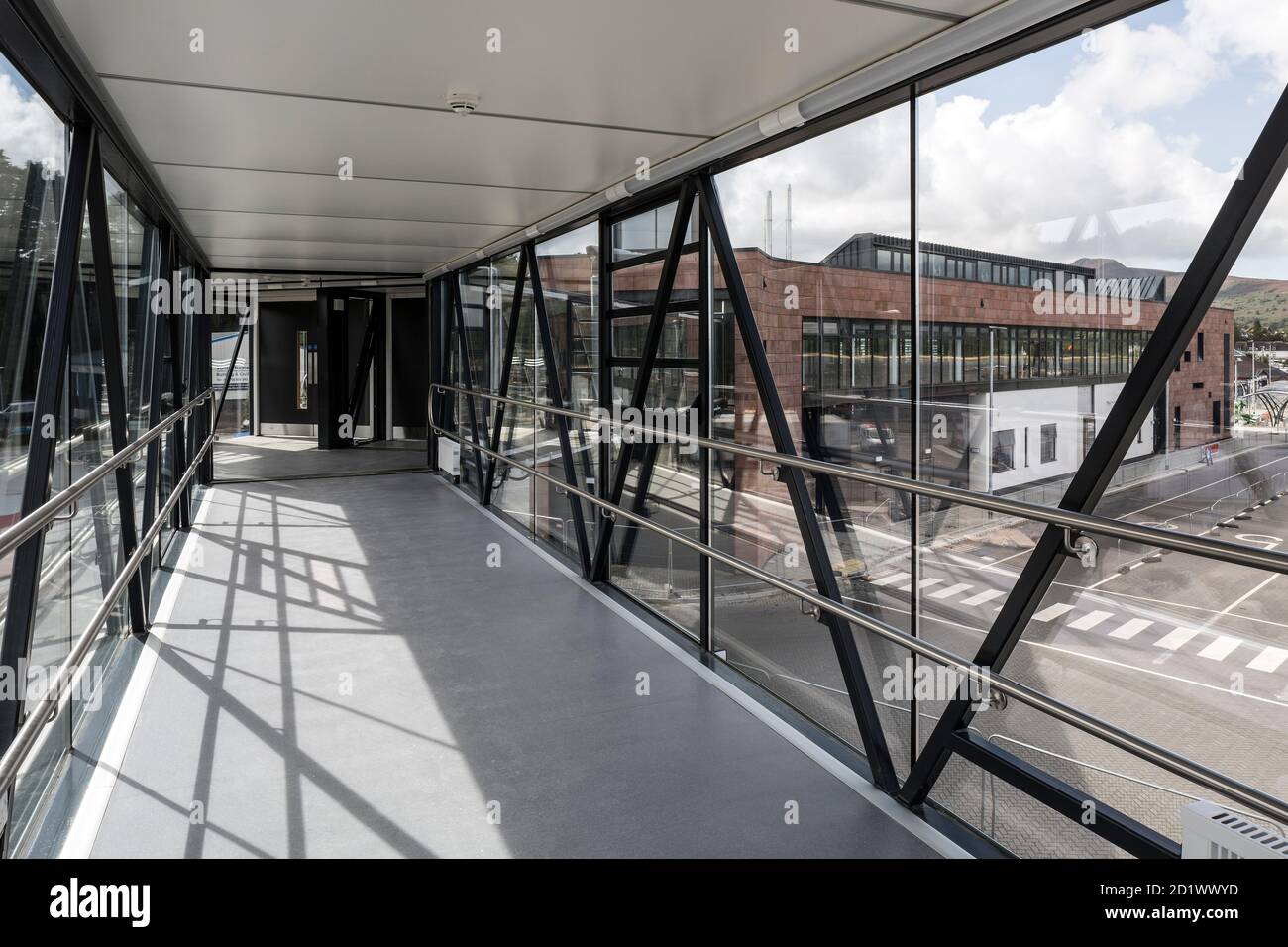 Elevated walkway with glass walls, Brodick Ferry Terminal, Isle of ...