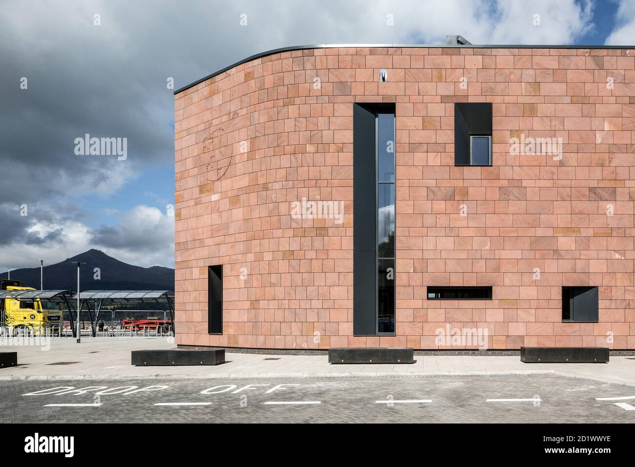 Facade of Brodick Ferry Terminal, clad in red sandstone, Isle of Arran ...