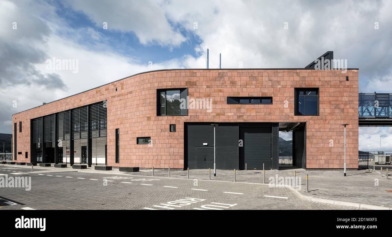 Facade of Brodick Ferry Terminal, clad in red sandstone, Isle of Arran ...