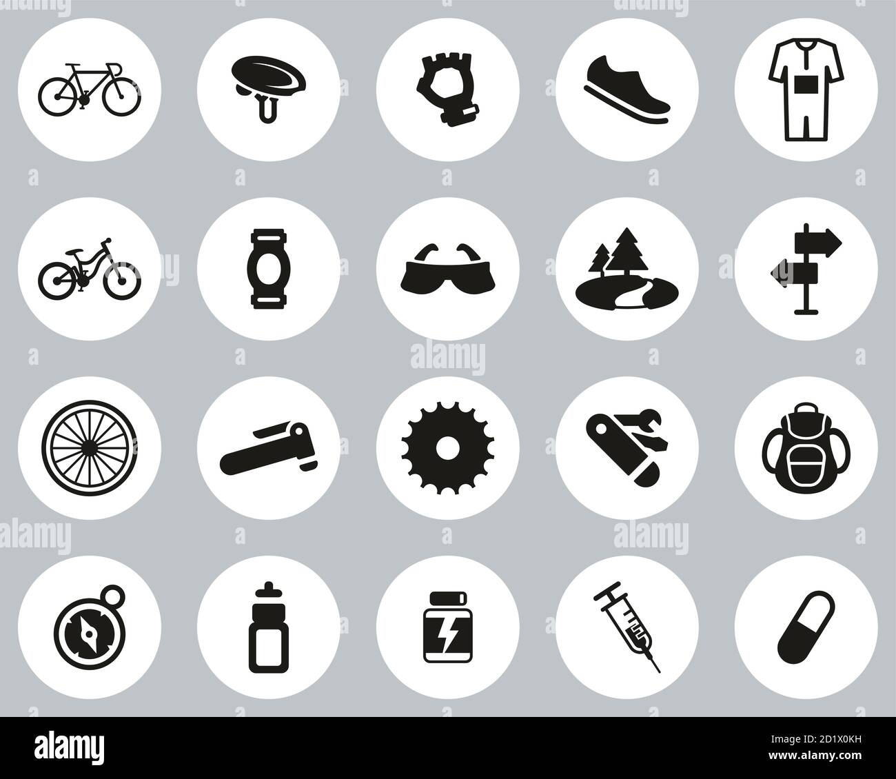 Biking & Biking Equipment Icons Black & White Flat Design Circle Set ...