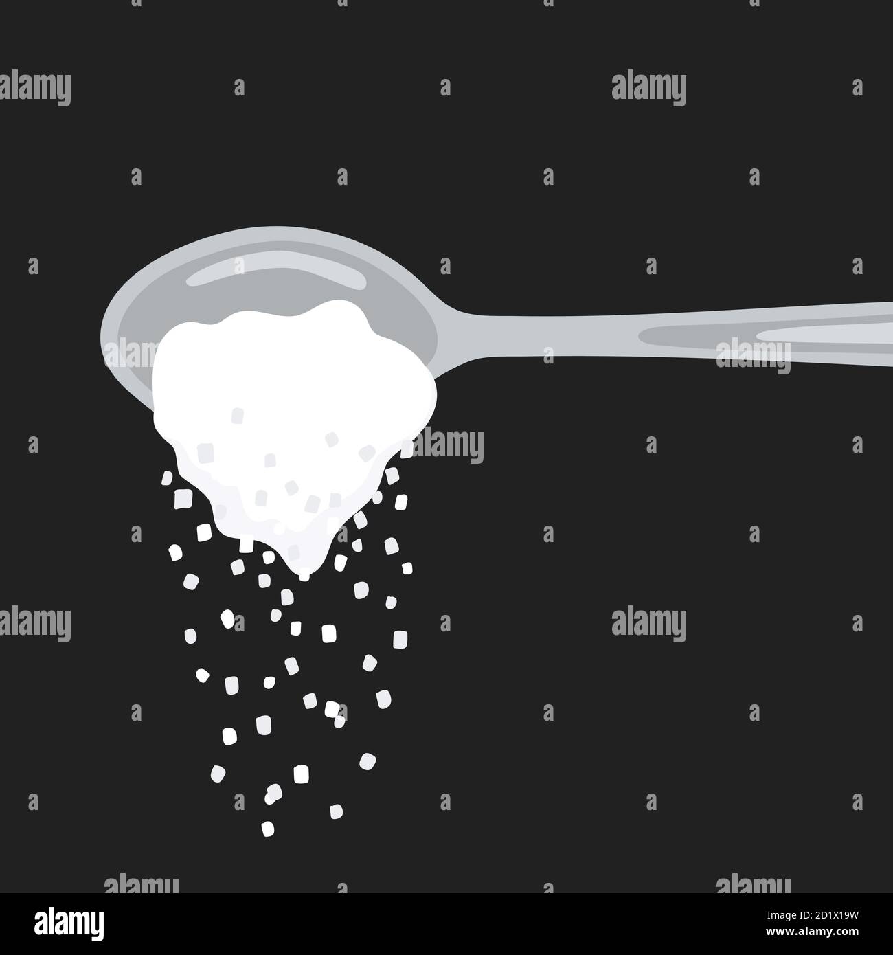 Pouring sugar spoon full of powder crystals of salt or sugar vector ...