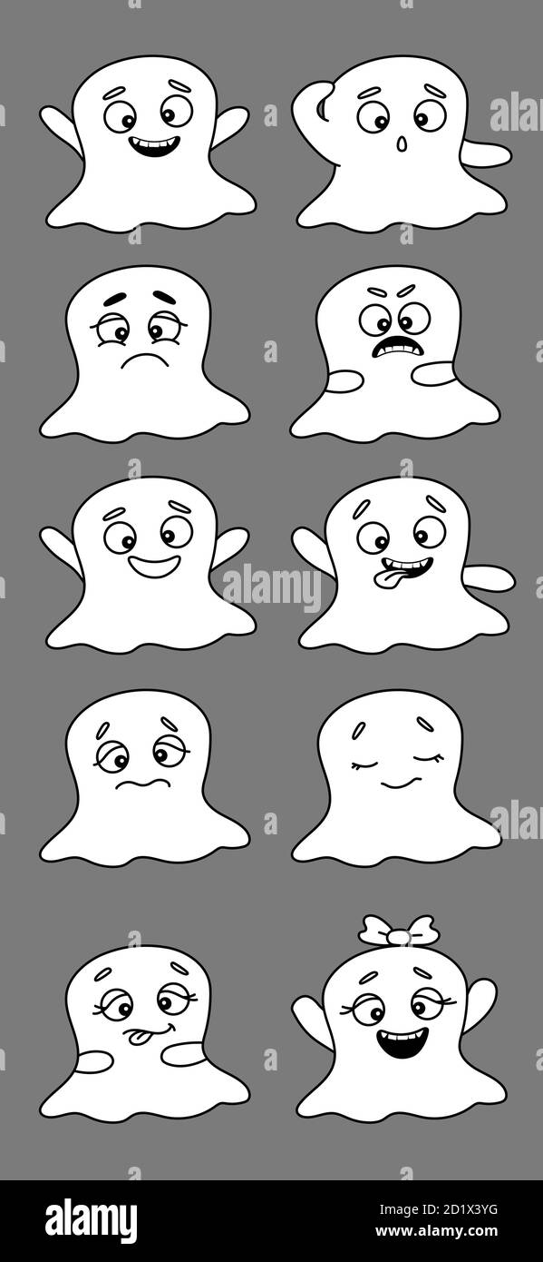 Set of cute ghosts. Happy Halloween. White ghosts with faces and ...
