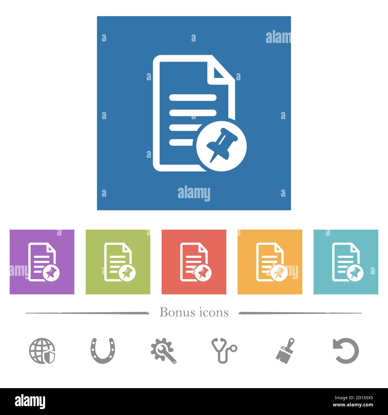 Pin document flat white icons in square backgrounds. 6 bonus icons ...