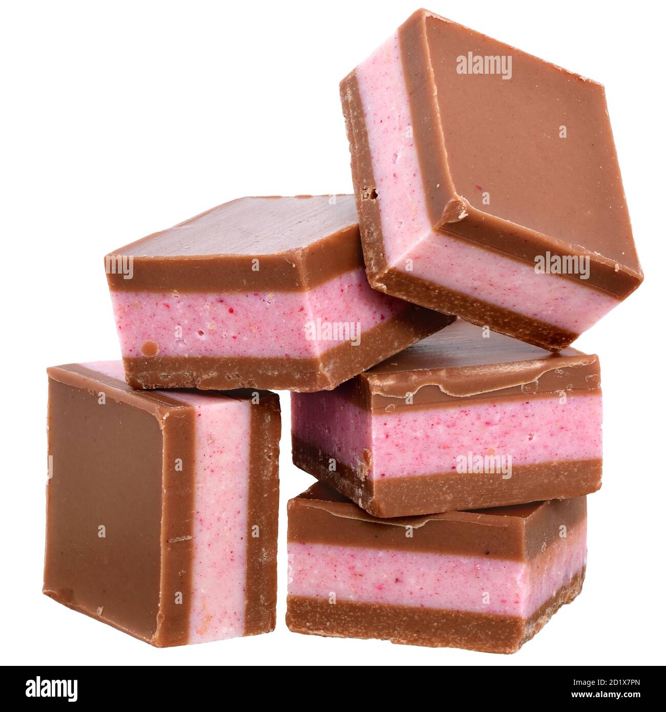 Dark chocolate cubes with fruit berry cream filling isolated on a white ...