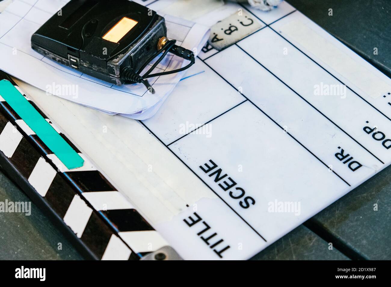 Film industry equipment, close up image of movie Clapper board on set ...