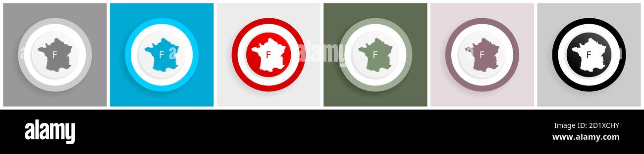 Map of France icon set, colorful flat design vector illustrations in 6 ...
