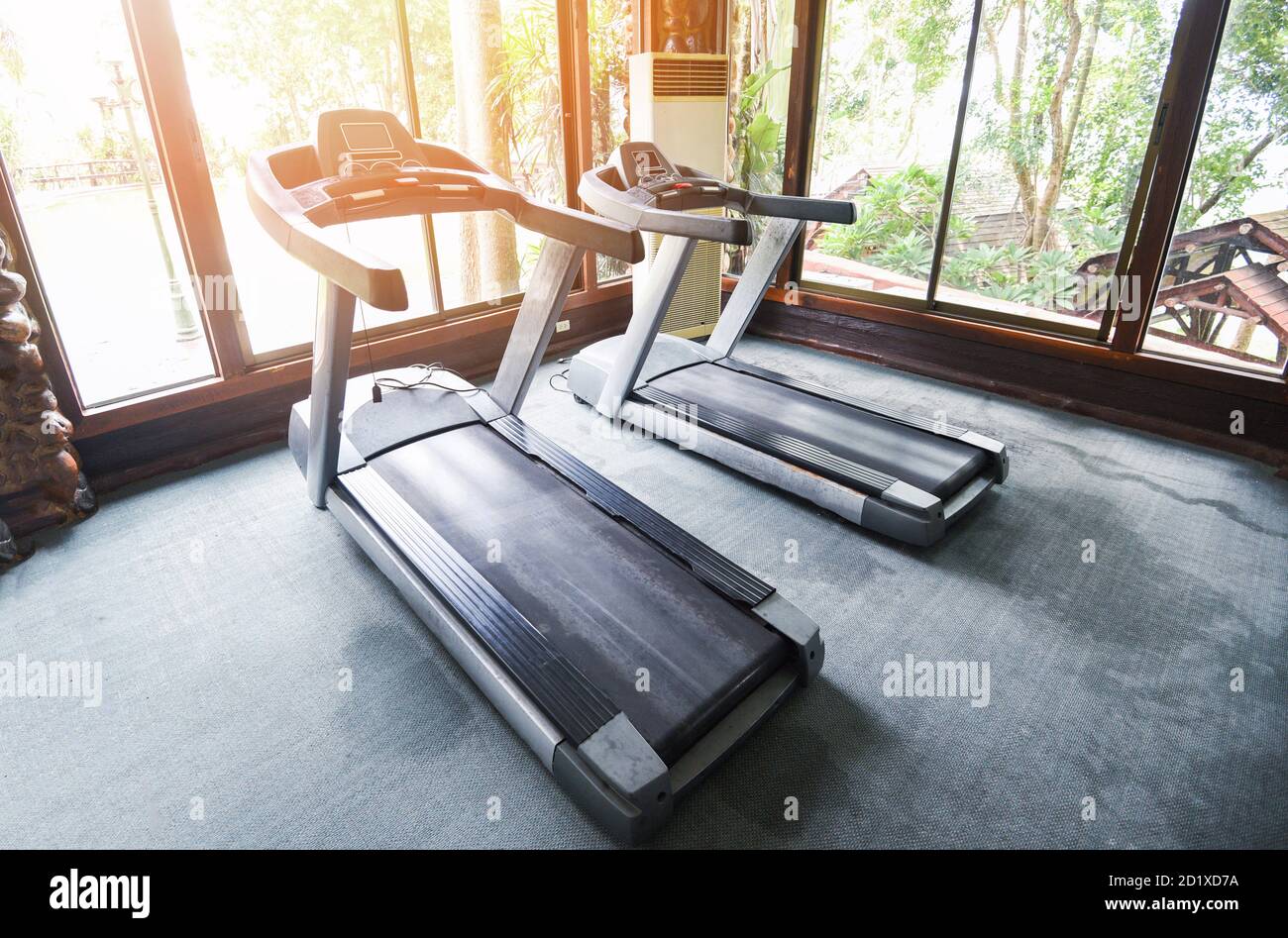 Fitness gym with Treadmills running machine / Sports equipment in gym ...