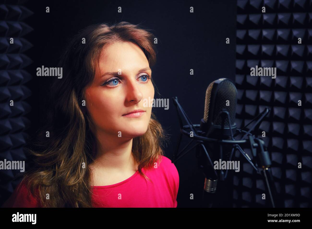 Woman in the red dress is behind the microphone. The singer looks ...