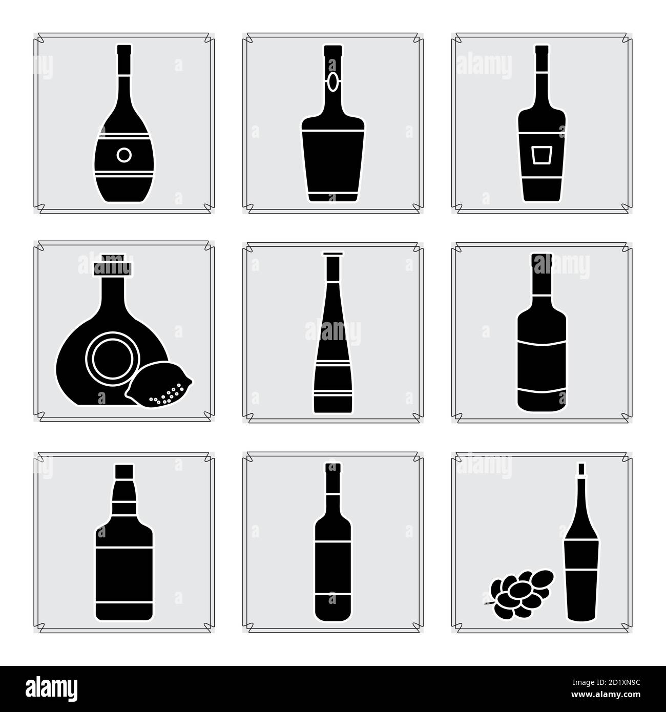 Vector illustration Set bottles of assorted alcoholic beverage. Liquor ...