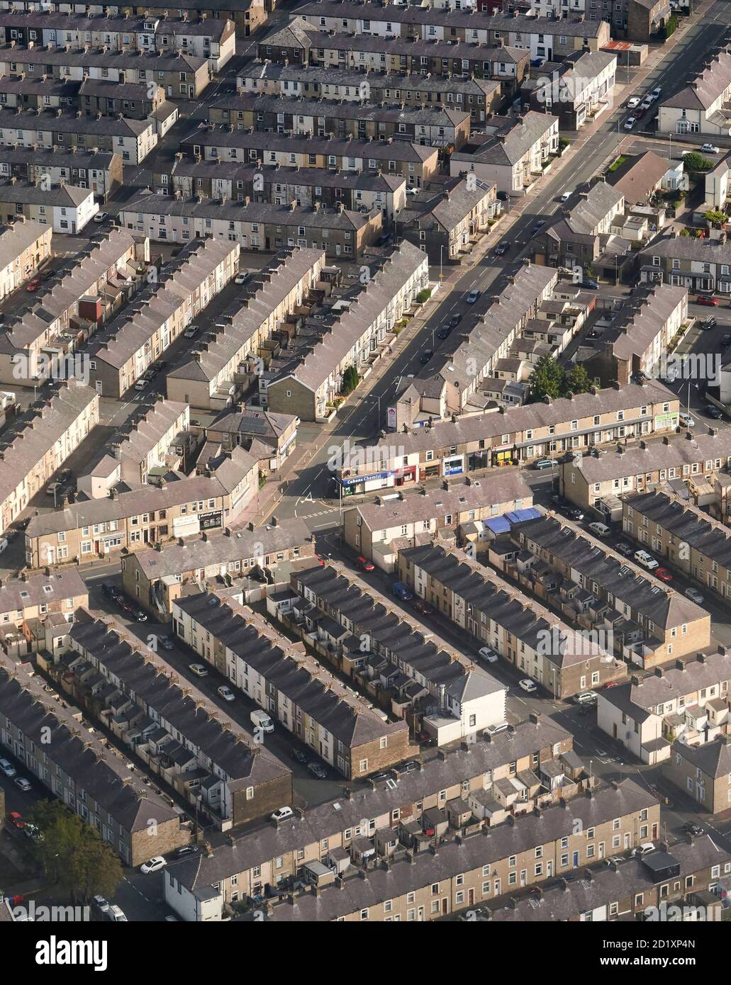 Aerial view of old terraces houses, at Colne, Lancashire, north west ...