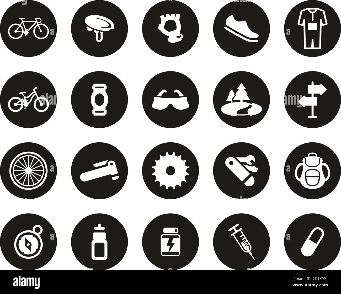 Biking & Biking Equipment Icons White On Black Flat Design Circle Set ...