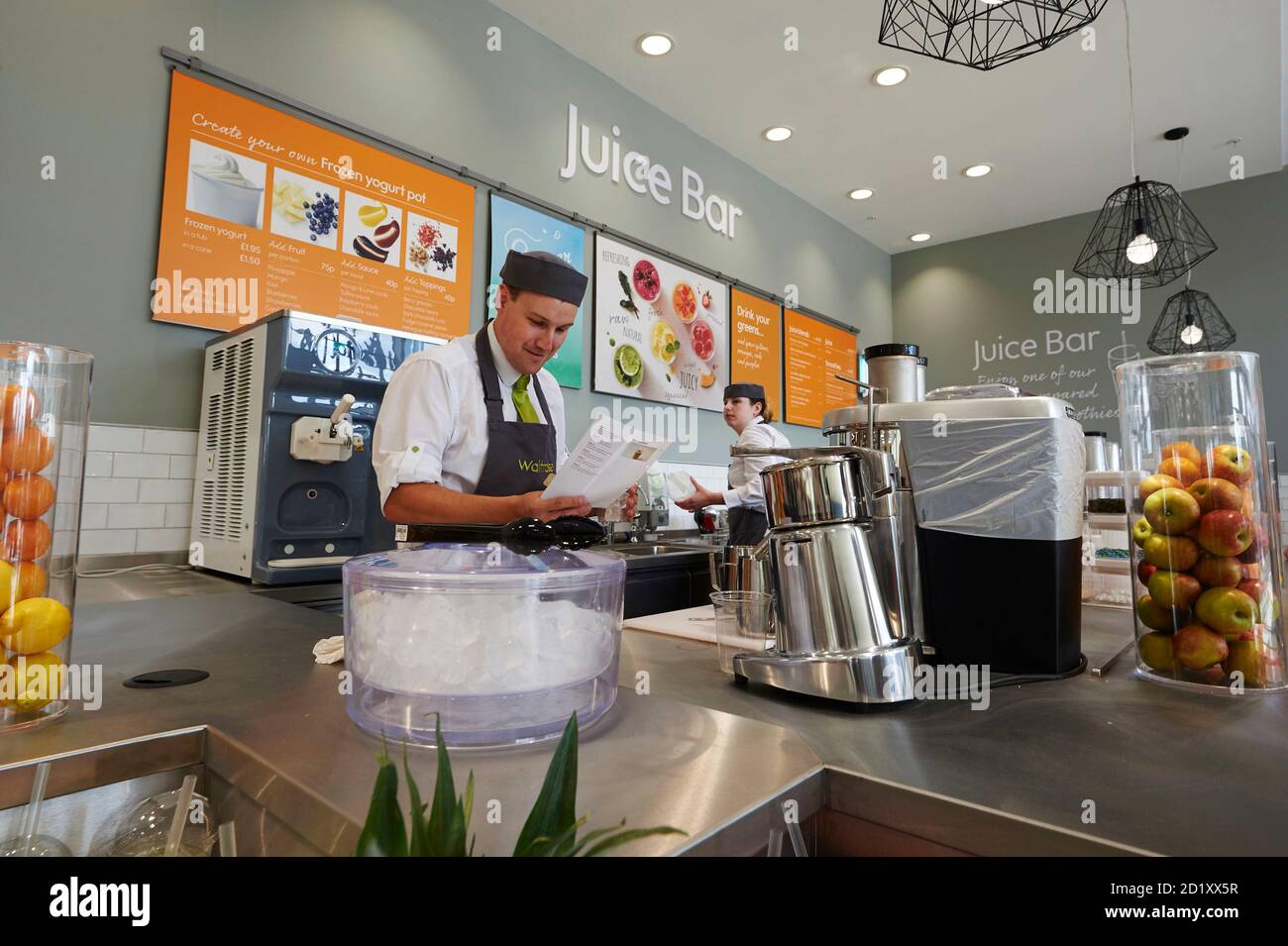 Juice bar at Waitrose retail store at Horesham, south east England, UK ...