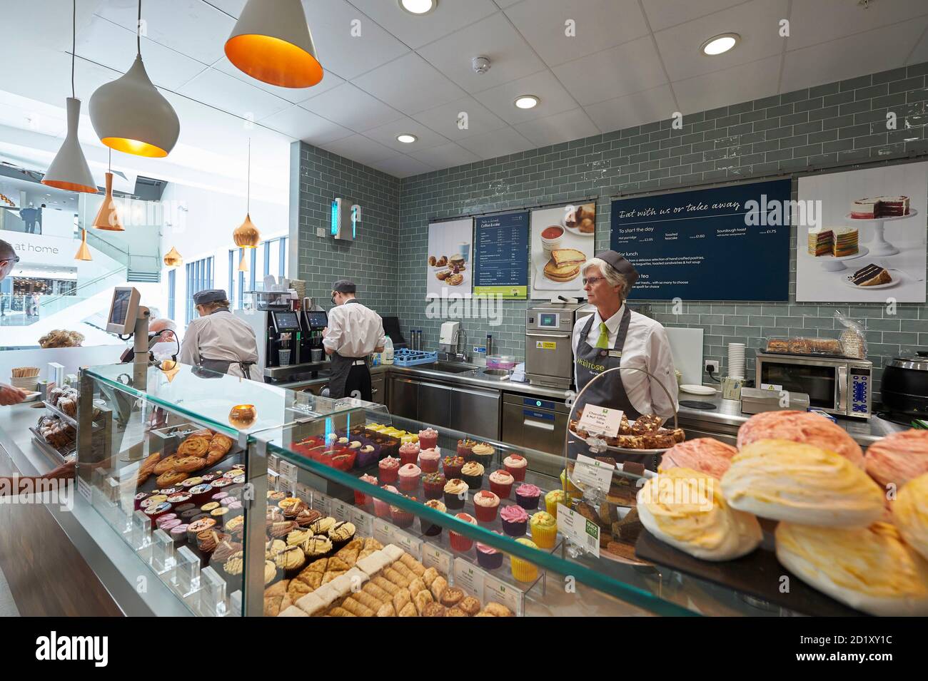 Pastries and cakes display Waitrose retail store at Horesham, south ...