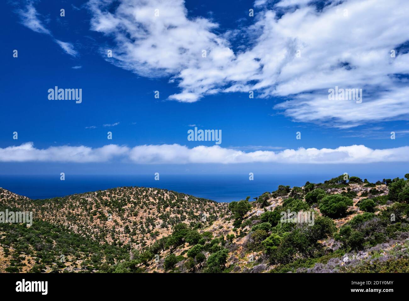 Typical Greek or Cretan landscape, hills and mountains, spring foliage ...
