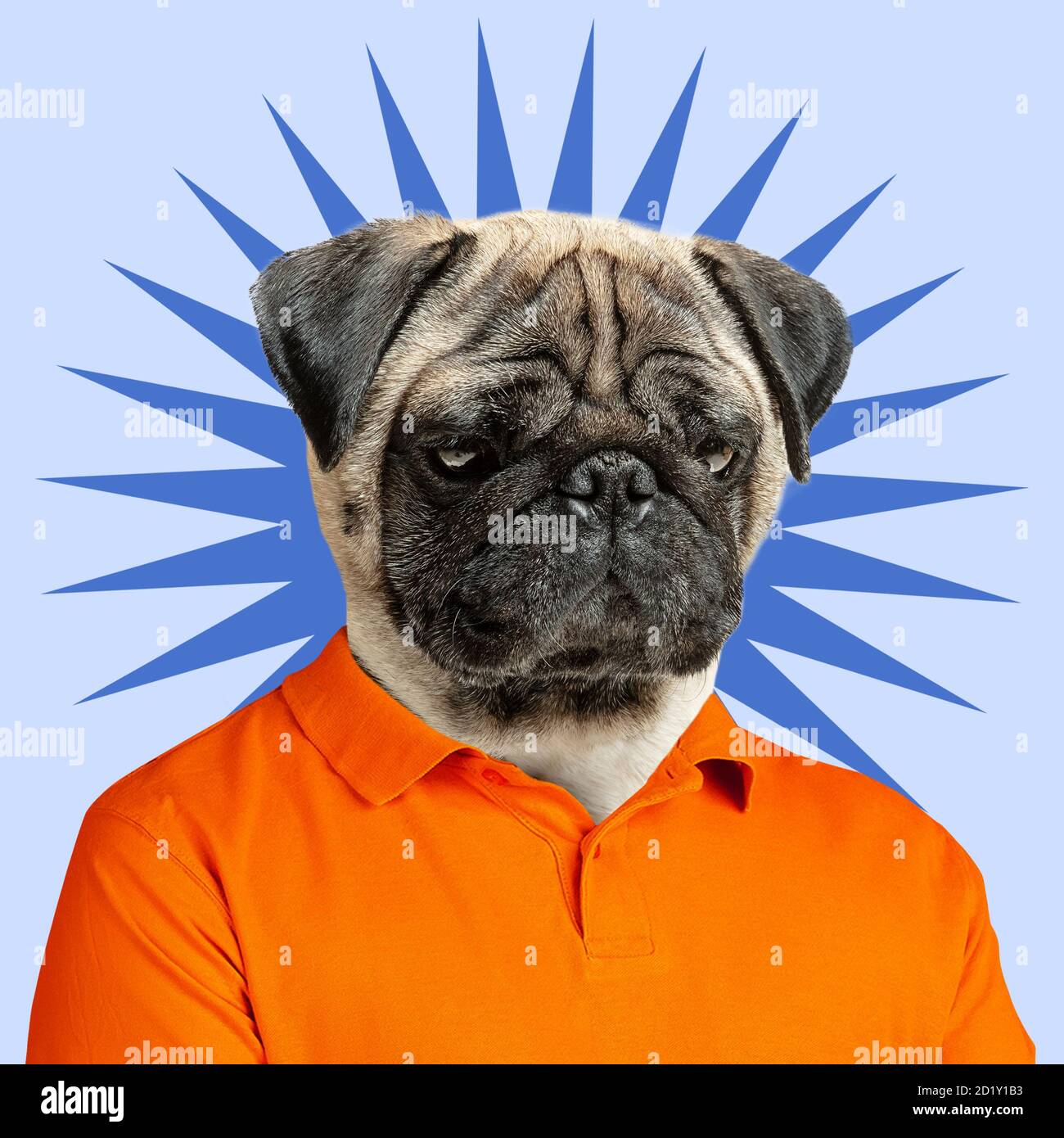 Sad office man. Modern design. Contemporary art collage with cute dog ...