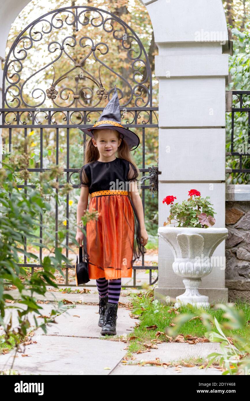 Happy little girl wearing a witch carnival costume and basket for ...