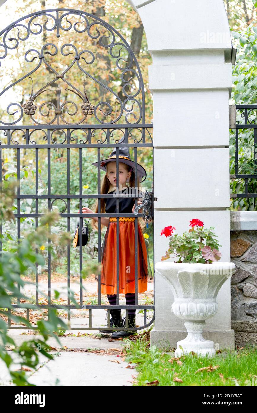 Happy little girl wearing a witch carnival costume and basket for ...