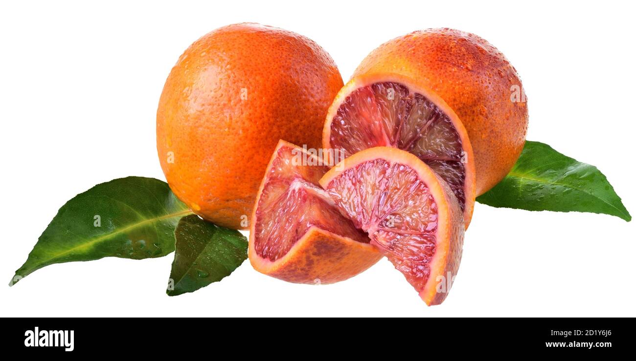 Blood orange slice with leaf isolated on a white background Stock Photo ...