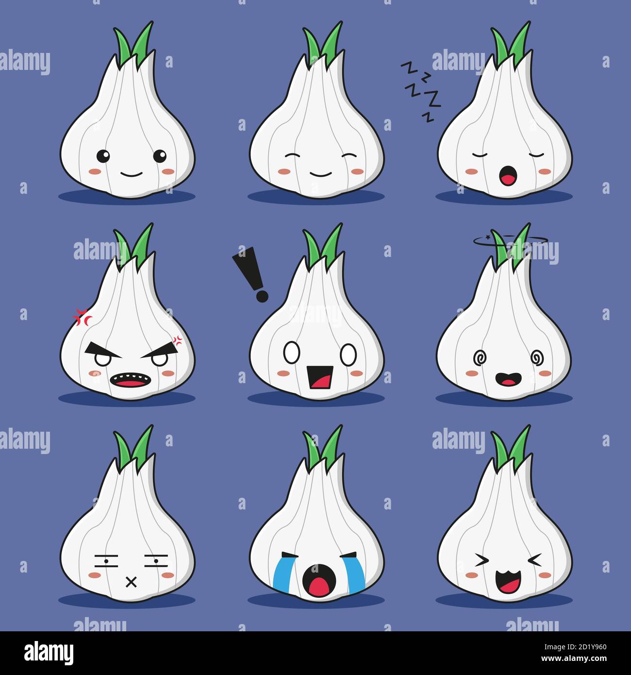 set of cute garlic mascot character. Design isolated on blue background ...