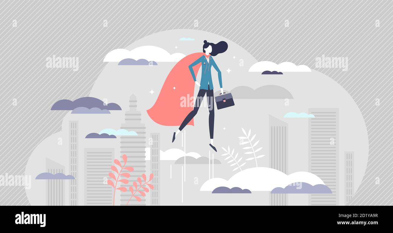 Business woman superhero as powerful female leader job tiny person ...