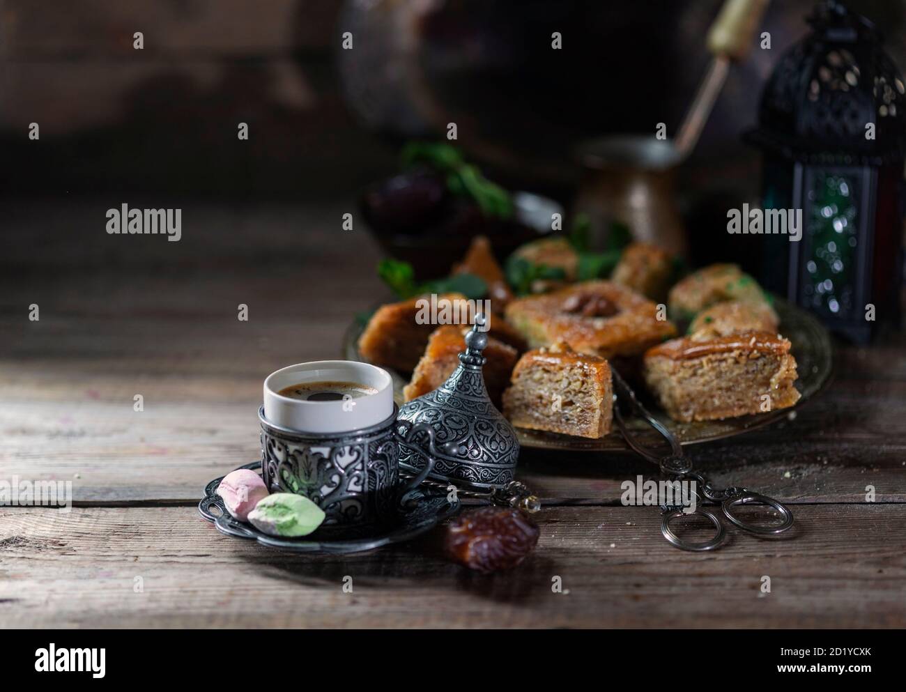 Ramadan kareem with arabic coffee. Arabian style. Ramadan breakfast ...
