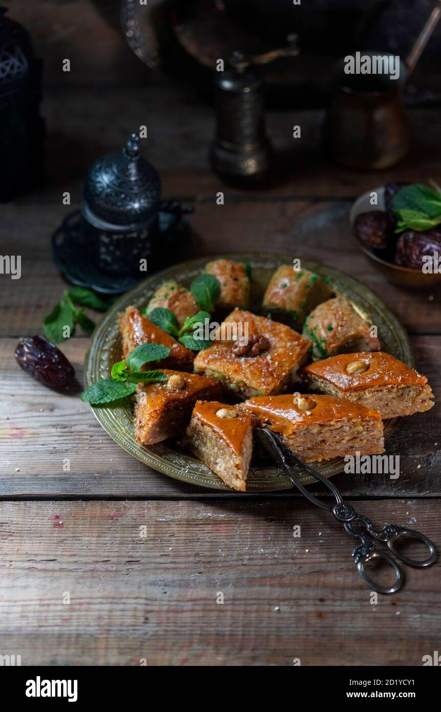Ramadan kareem with arabic coffee and traditional arabic dessert ...