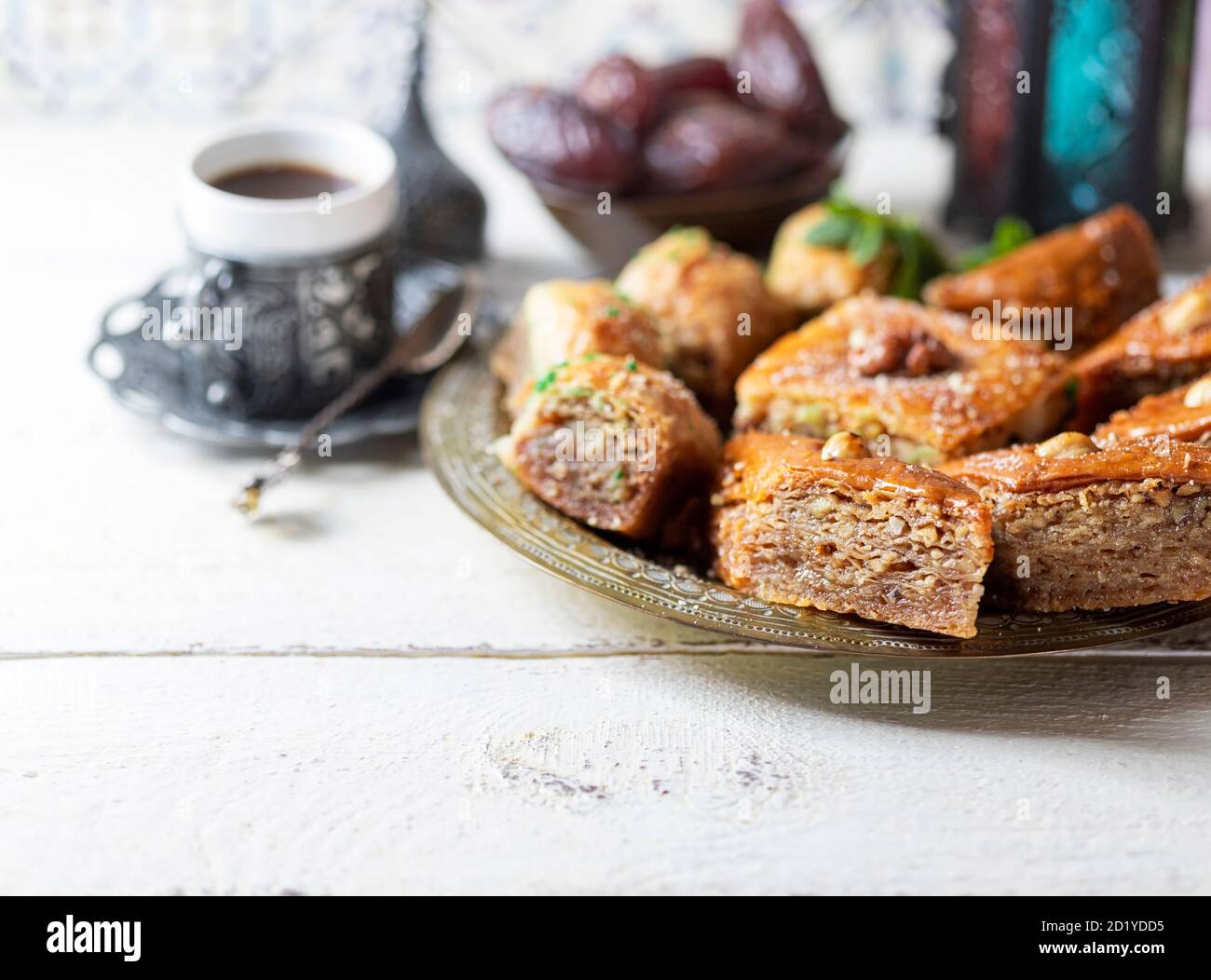Ramadan kareem with arabic coffee and traditional arabic dessert ...