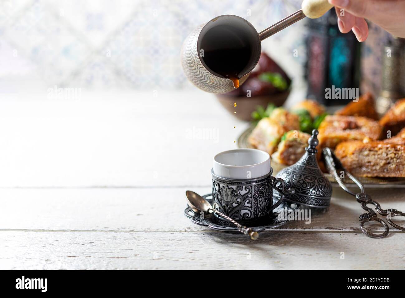 Ramadan kareem with arabic coffee. Arabian style. Ramadan breakfast ...
