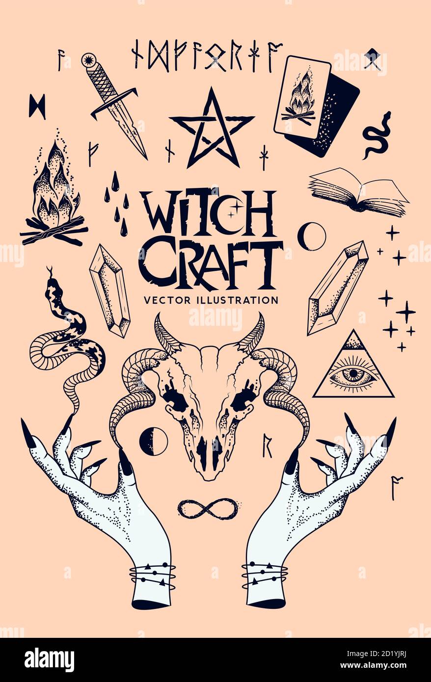 Witchcraft traditional objects of the occult including snakes, casting ...