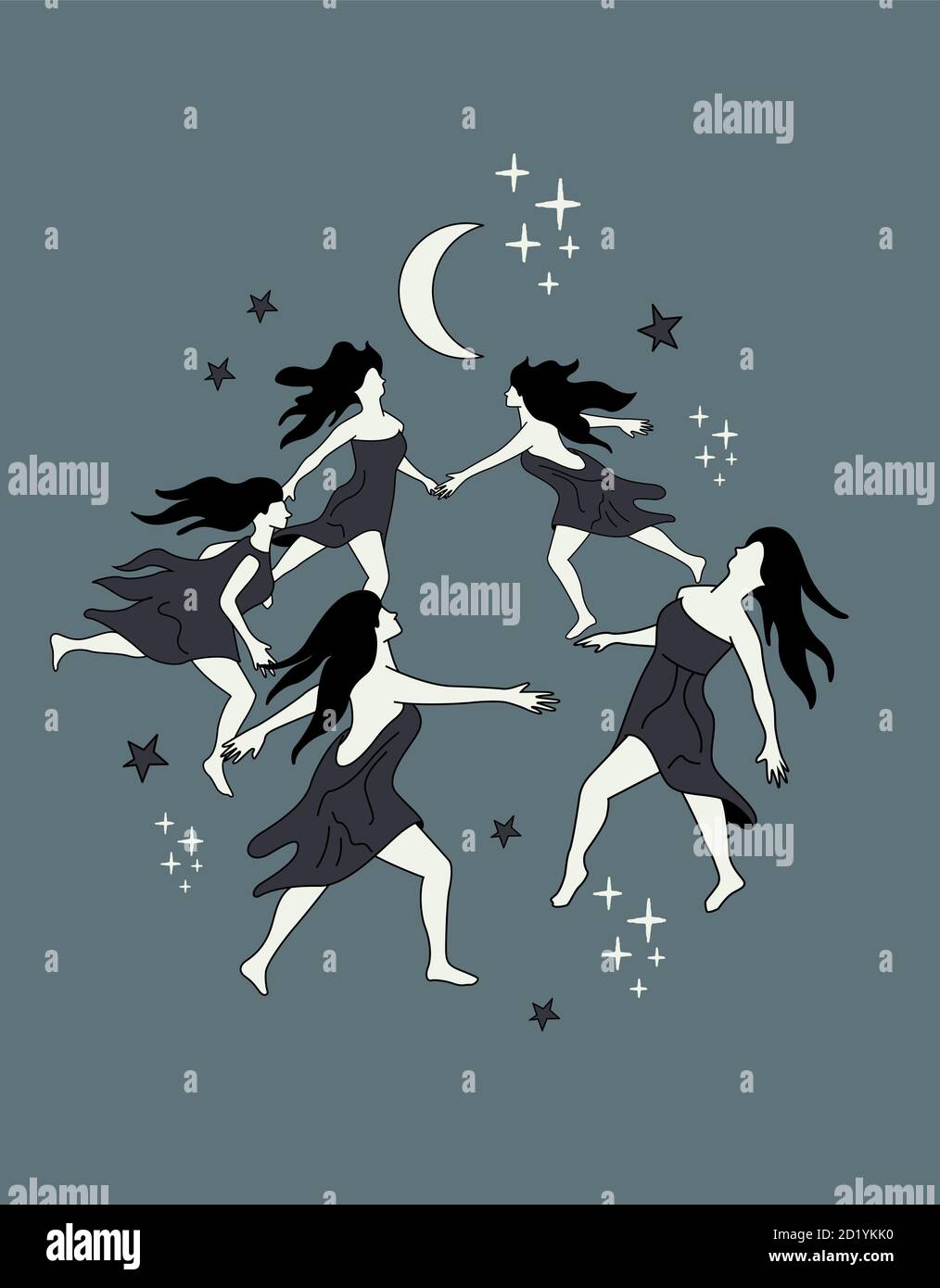 A group of young witches dancing under the moonlight. Witchcraft vector ...