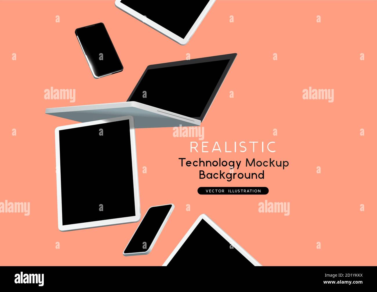 Modern technology mockup with falling communication devices inclugin a ...